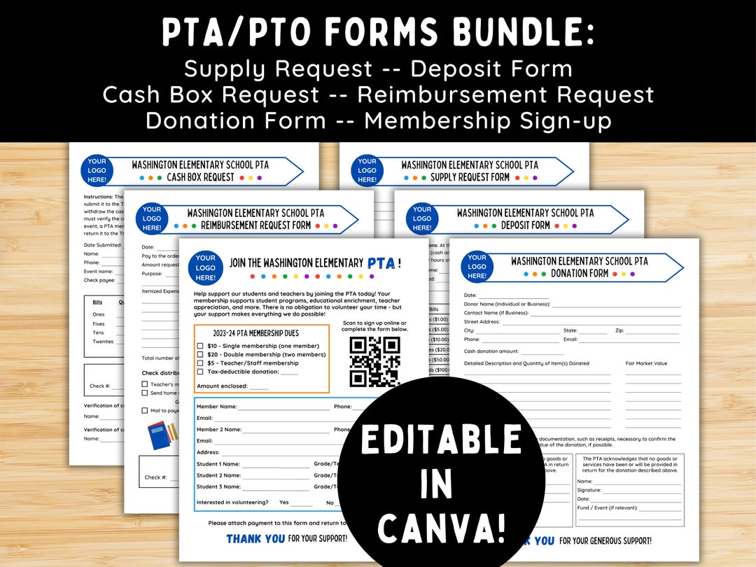 PTA / PTO Essential Forms Bundle - Editable Canva Template - Membership ...