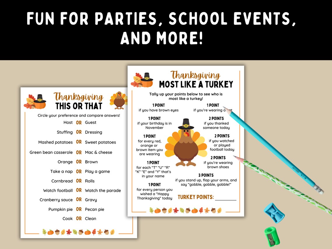 Thanksgiving Party Games -- Printable Turkey Day Activities for Kids or ...