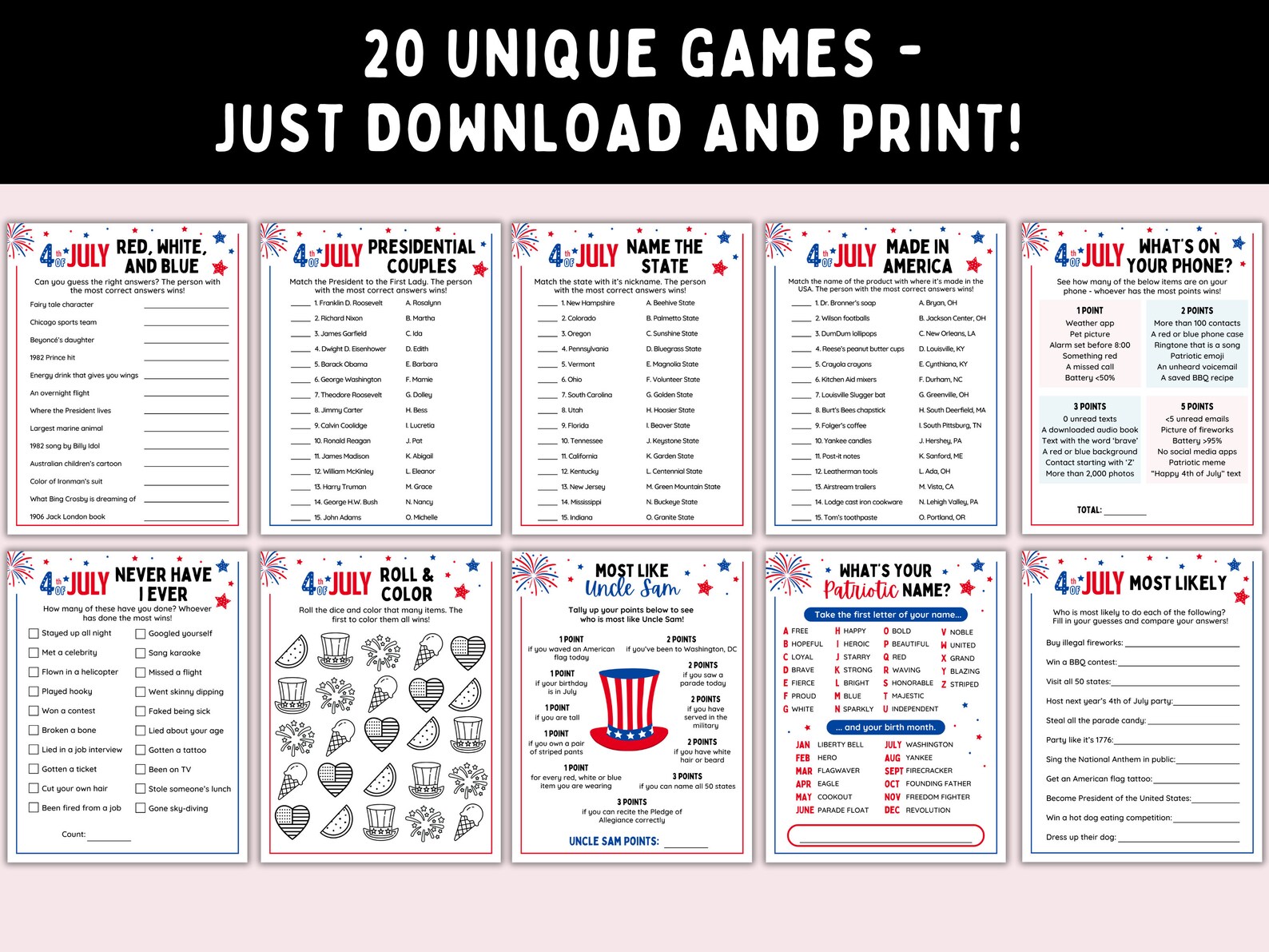 4th of July Party Games Printable July 4th Games Patriotic Games for ...