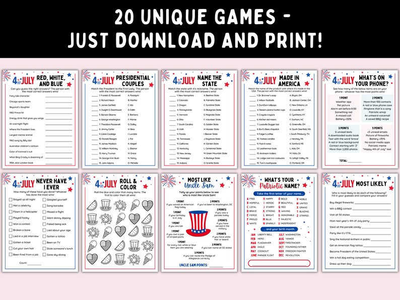 4th of July Party Games Printable July 4th Games Patriotic Games for ...