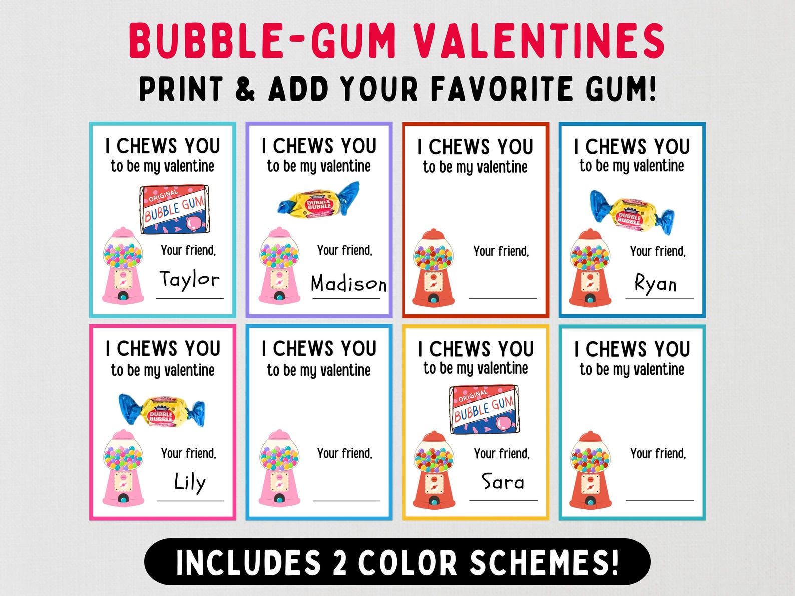 I Chews You Classroom Valentine Cards to Pair With Bubble Gum or Candy ...