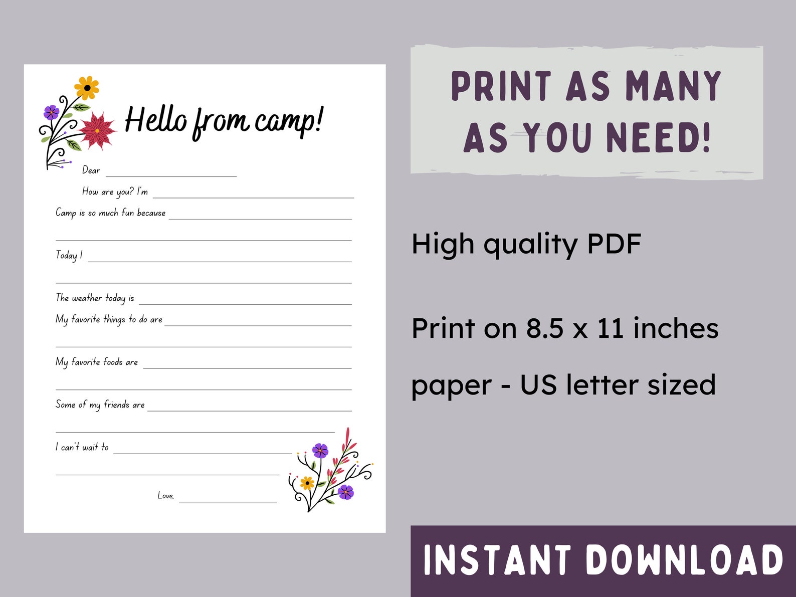 Printable Letter From Camp Flowers Kids Overnight Camp Notes Sleepaway ...