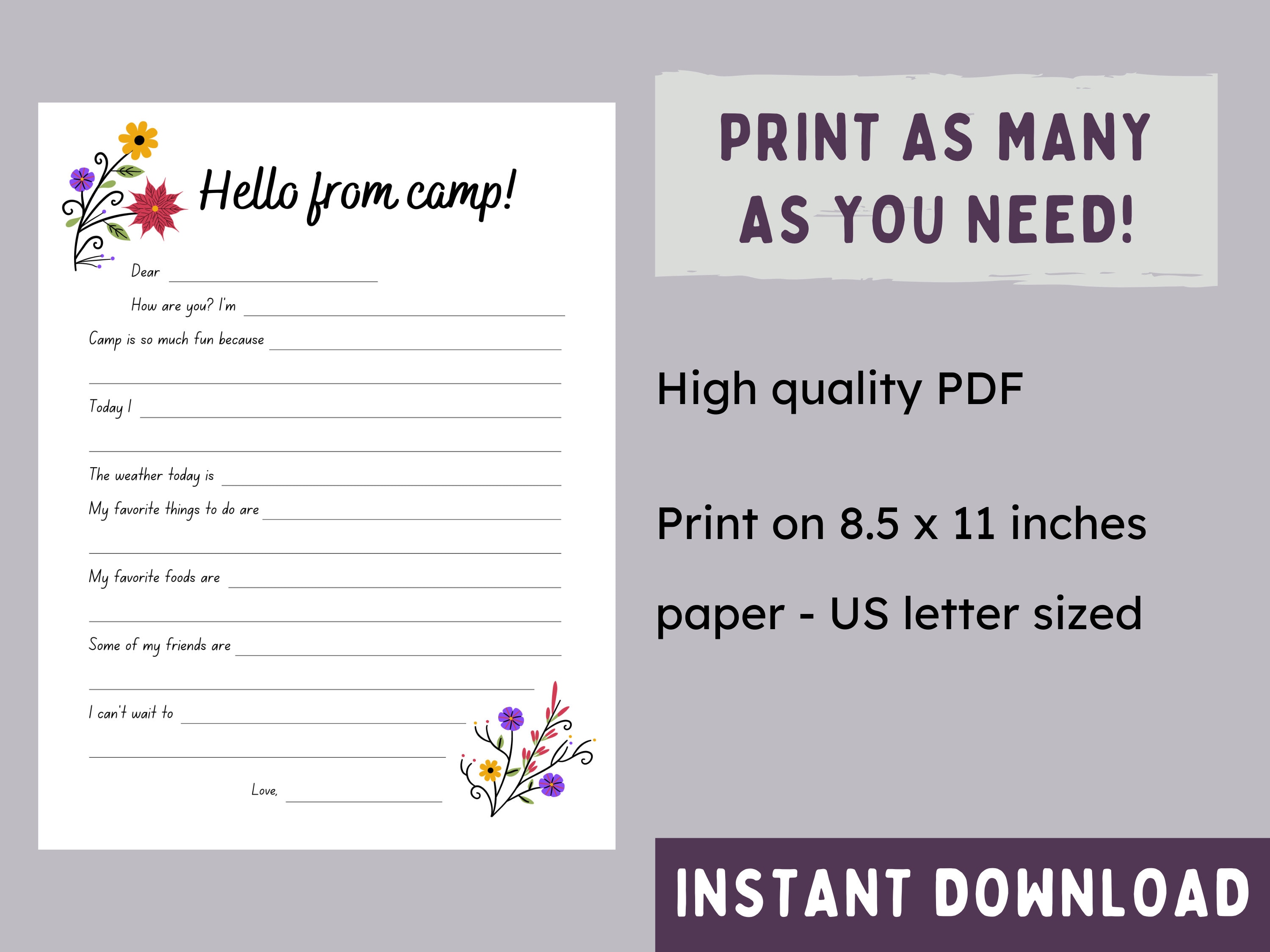 Printable Letter From Camp -- Flowers -- Kids Overnight Camp Notes ...