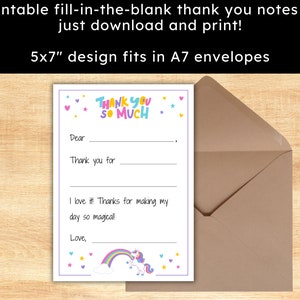 Unicorn Thank You Cards for Kids - Fill-in-the-blank Printable Thank ...