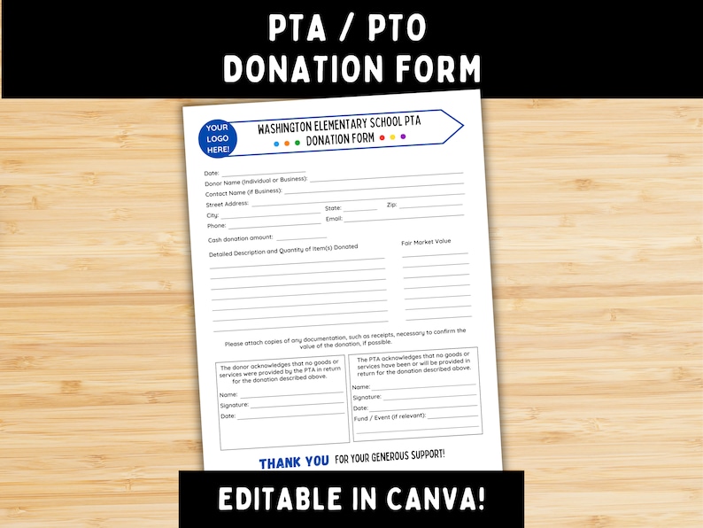 PTA / PTO Donation Form -- Editable Canva Template to Manage Gifts & Contributions to School ...