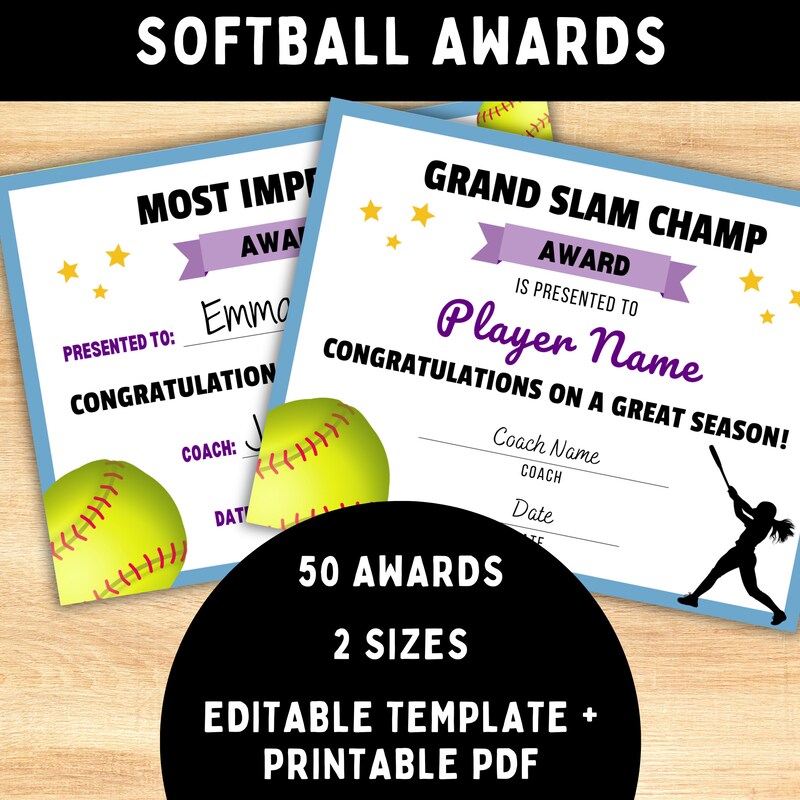 Softball Award Template - Etsy