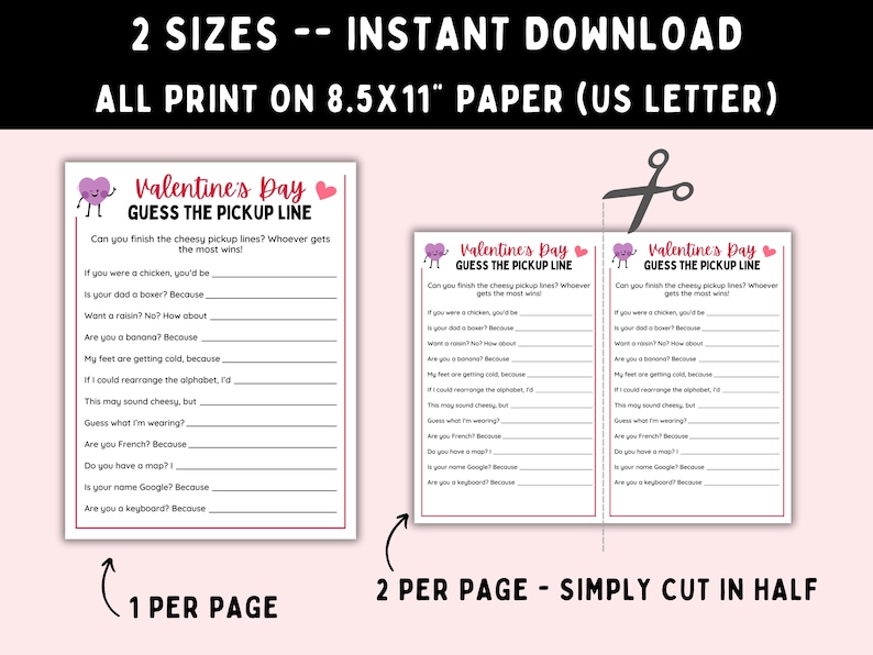 Guess the Pickup Line Game -- Printable Valentines Party Activity for ...