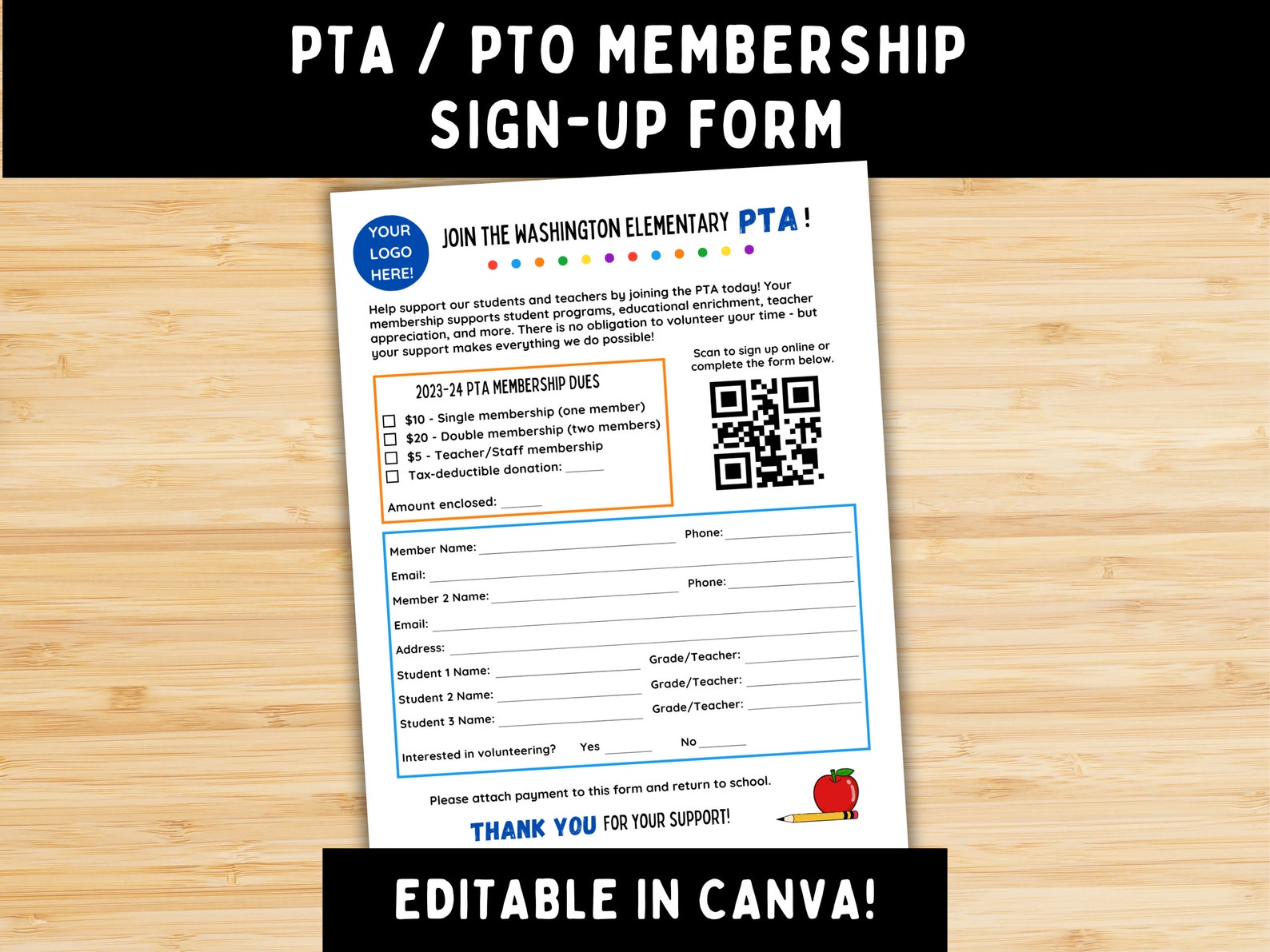 PTA / PTO Membership Form Editable Canva Template Pto/pta - Etsy