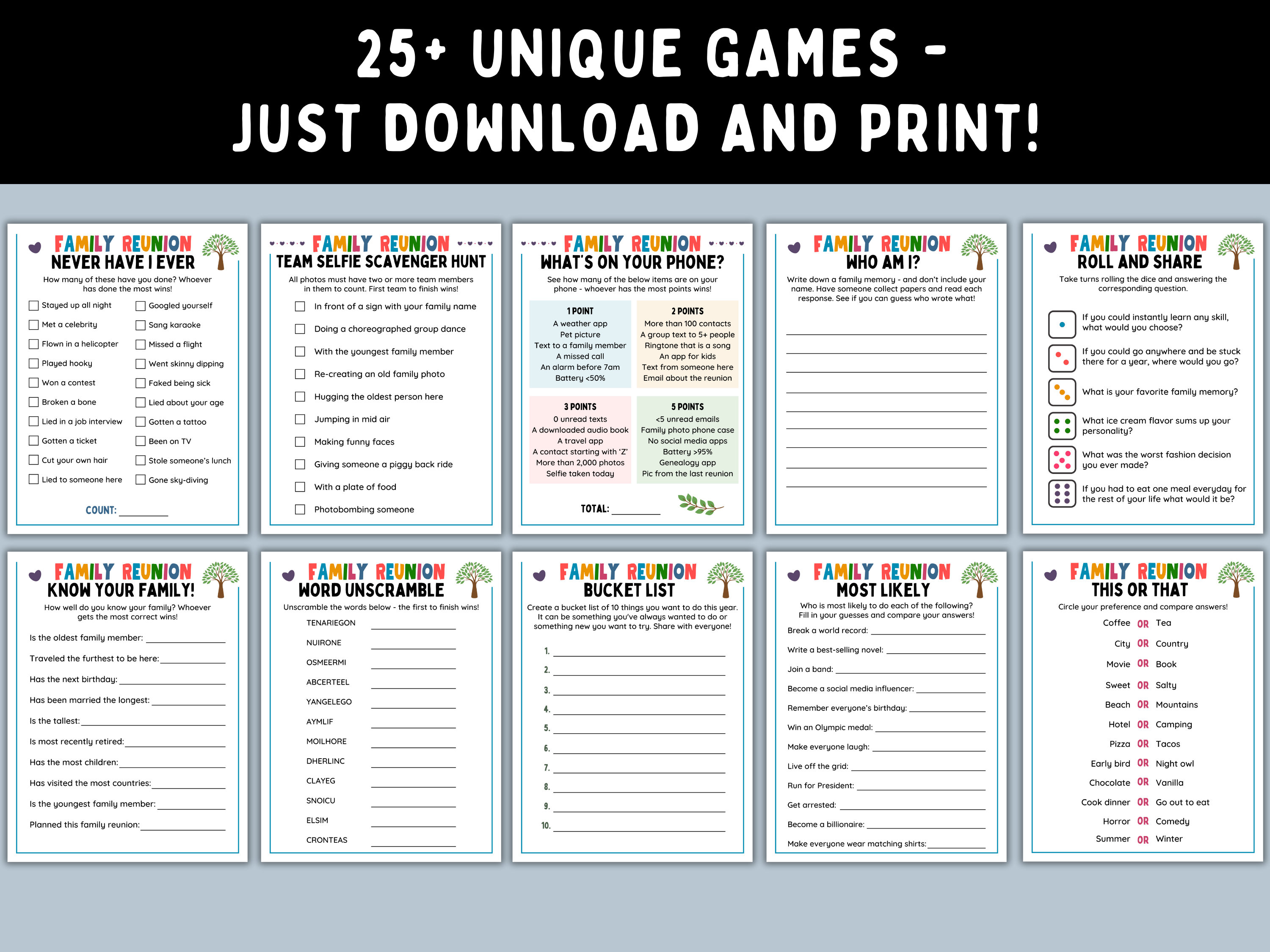 25+ Family Reunion Games Bundle -- Printable Family Party Games ...