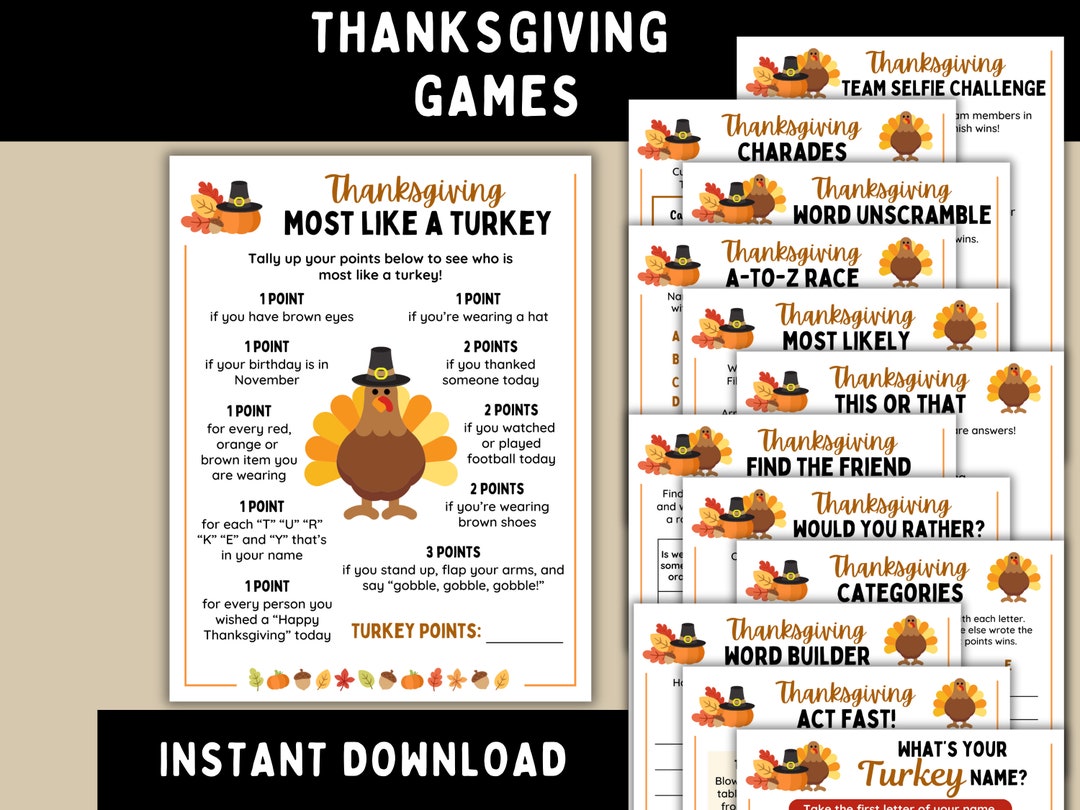 Thanksgiving Party Games -- Printable Turkey Day Activities for Kids or ...