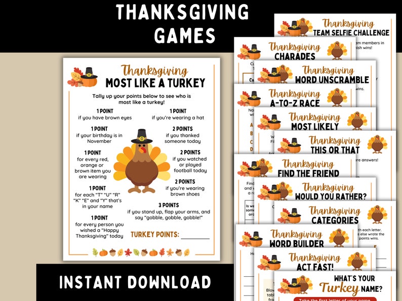 Thanksgiving Party Games -- Printable Turkey Day Activities for Kids or ...