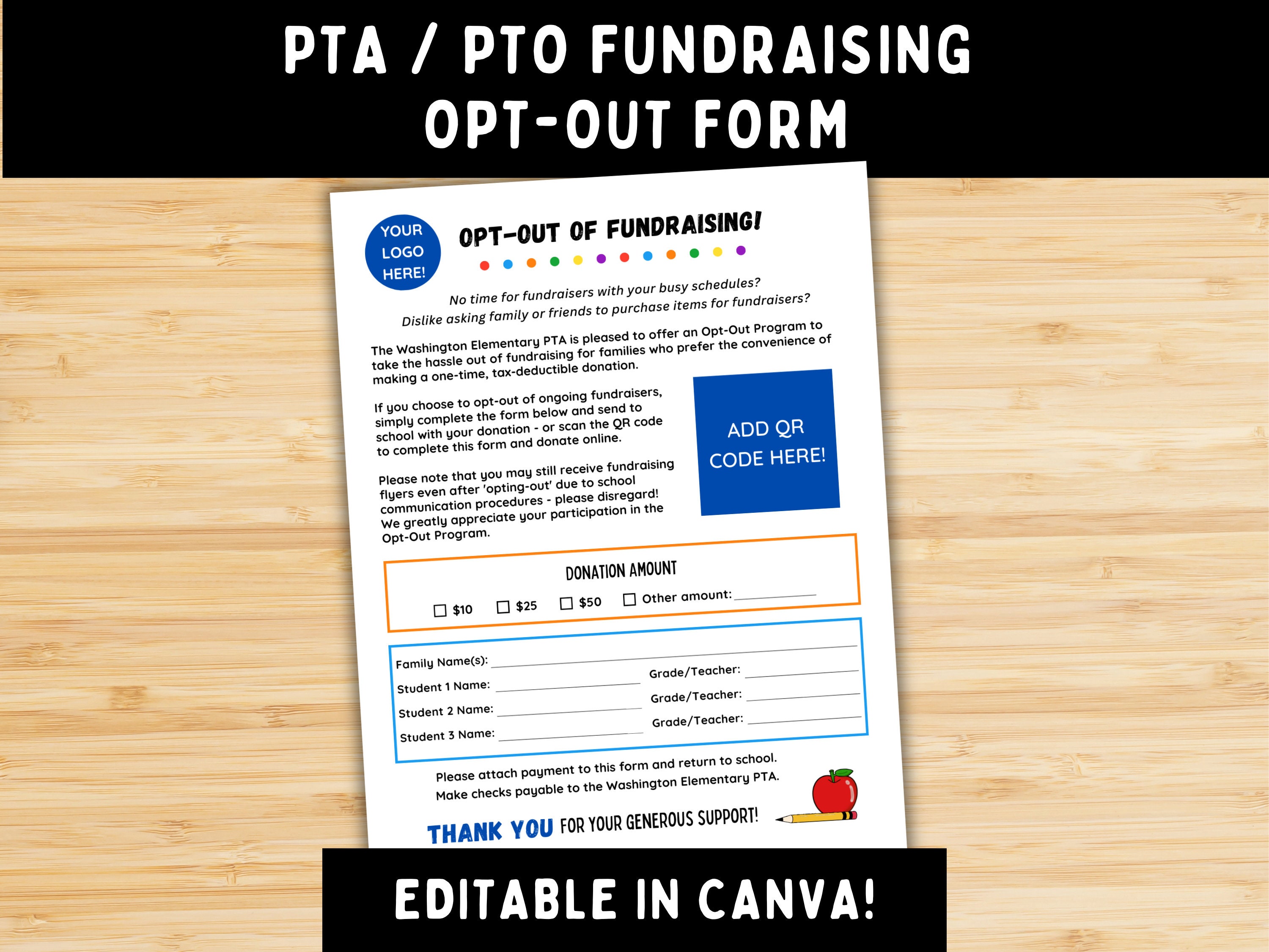 PTA / PTO Fundraising Opt-out Form - Editable Canva Template - Pto/pta ...