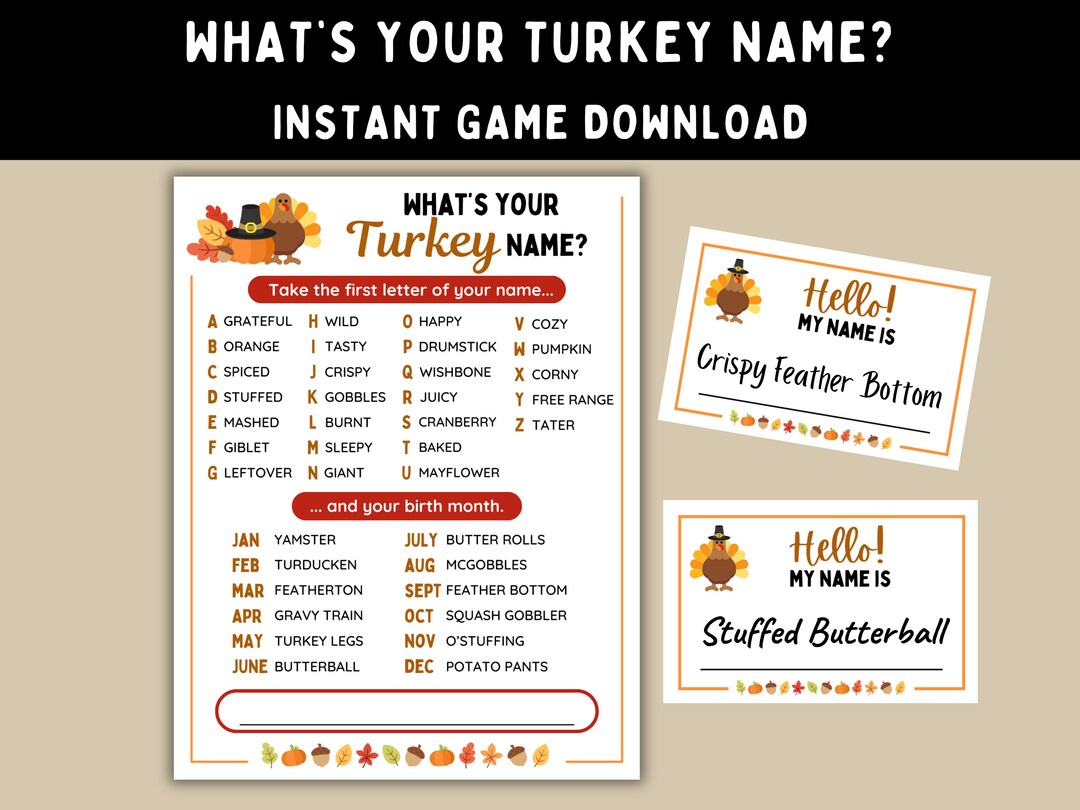 What's Your Turkey Name? -- Thanksgiving Party Games -- Printable ...