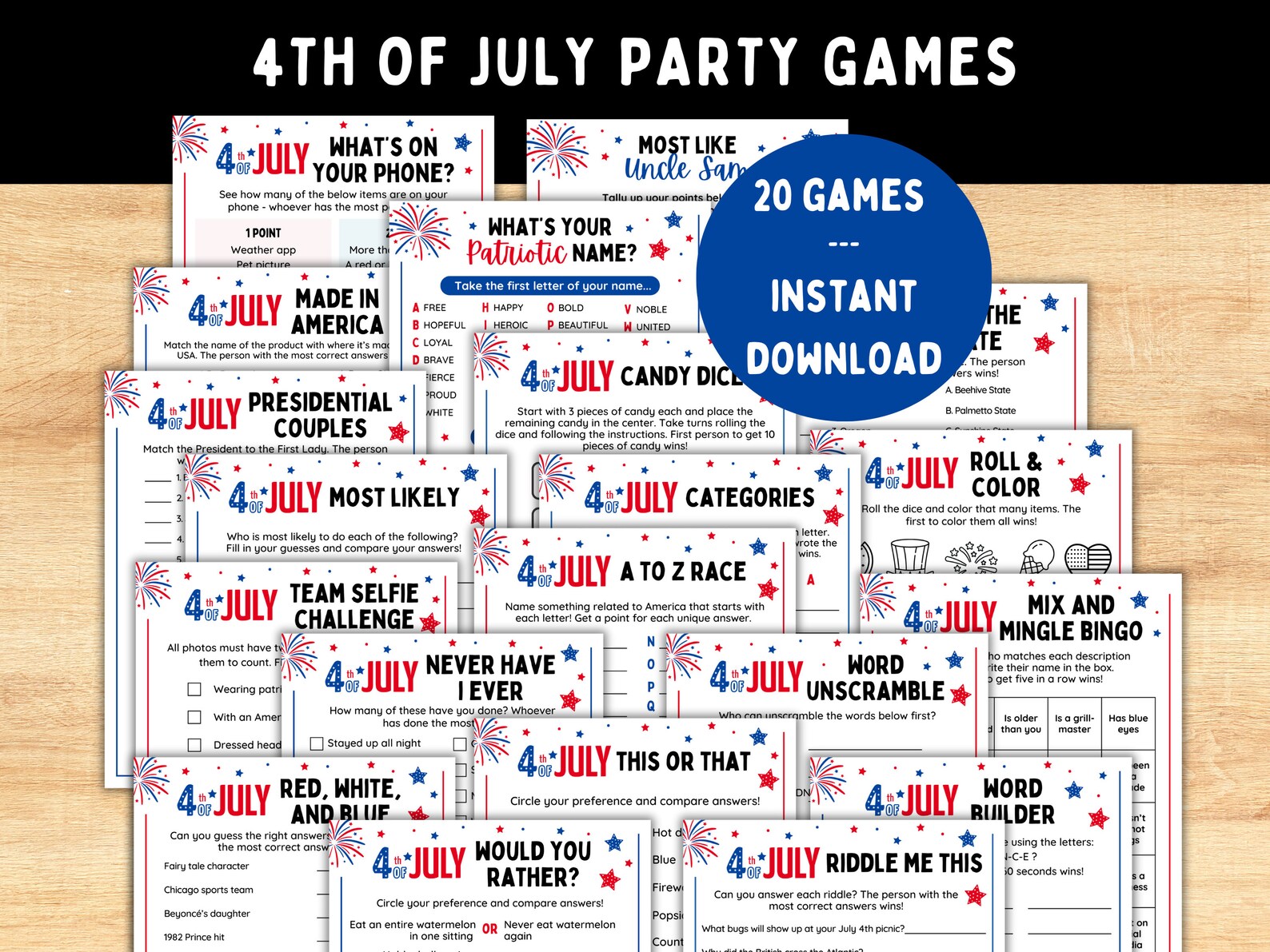 4th of July Party Games -- Printable July 4th Games -- Patriotic Games ...