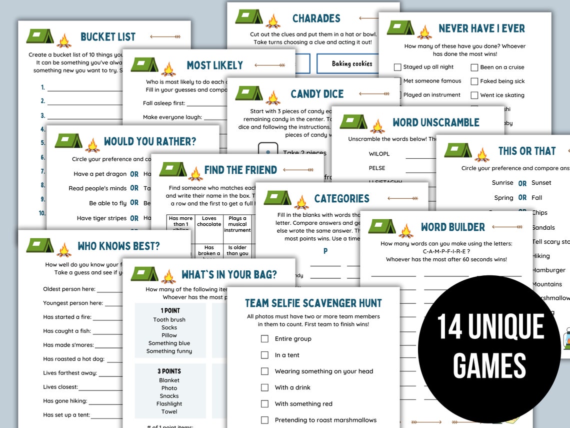 Camping-themed Party Games, Printable Camp Games, Camp Bunk Games ...
