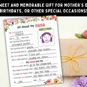 All About My Nana Floral Printable - Questionnaire Keepsake & Gift for ...