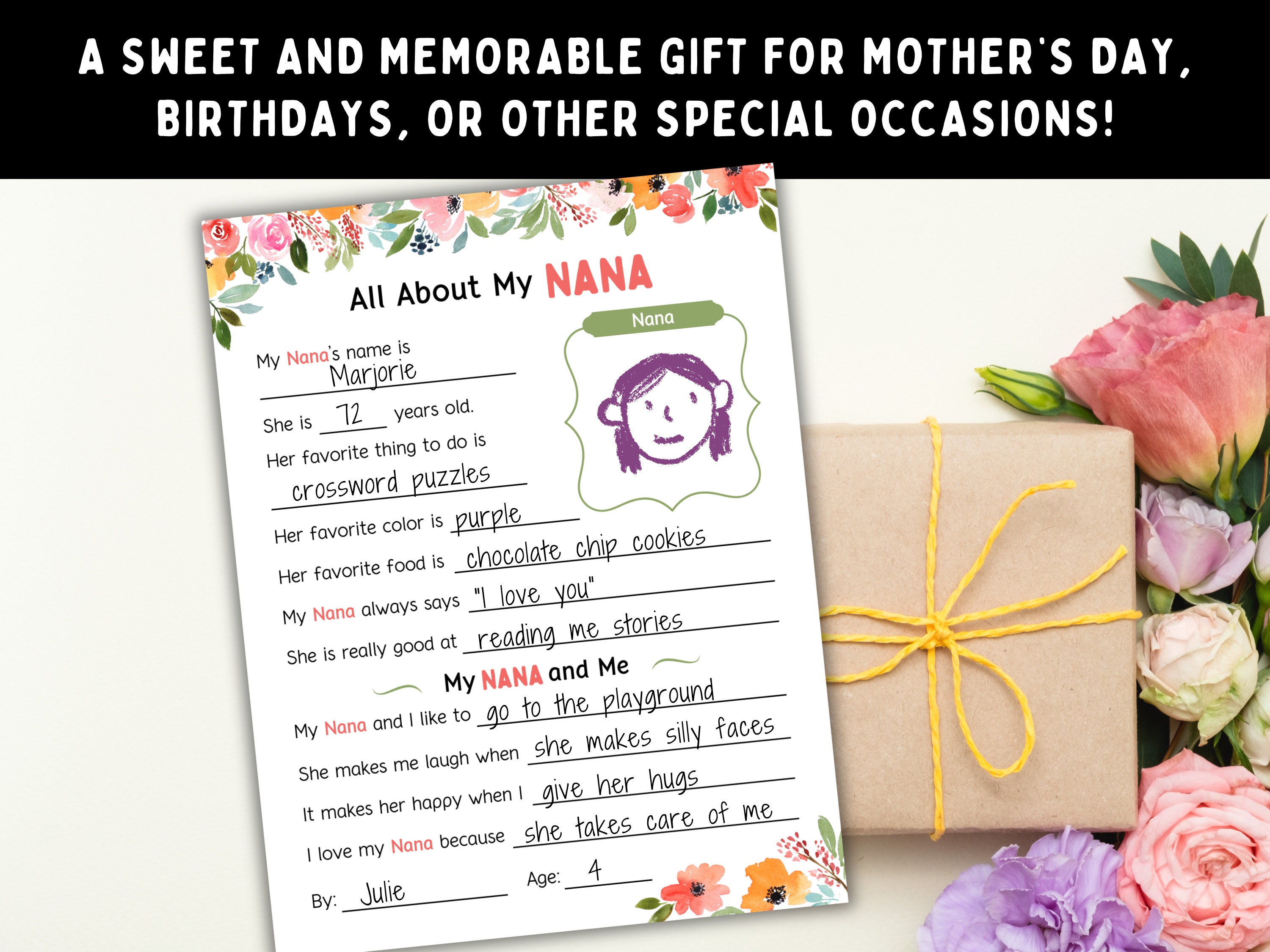 All About My Nana Floral Printable Mother's Day Questionnaire Gift for ...