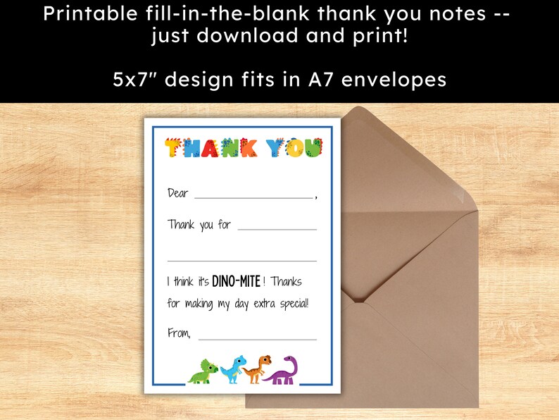 Dinosaur Thank You Cards for Kids - Printable Fill-in-the-blank Note to ...