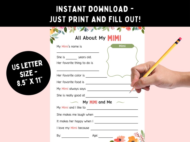 All About My Mimi Floral Printable - Questionnaire Keepsake & Gift for ...