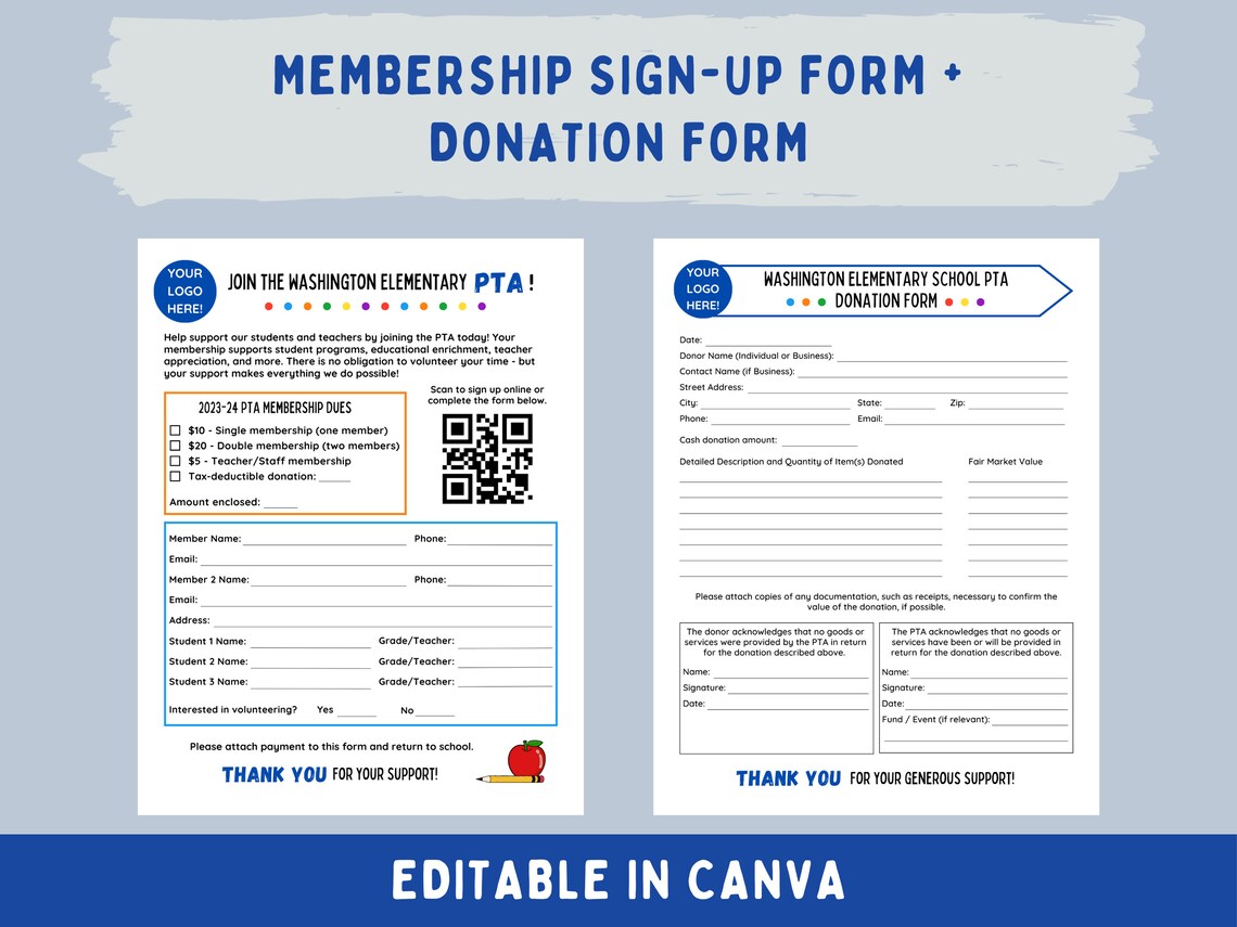 PTA / PTO Essential Forms Bundle - Editable Canva Template - Membership ...