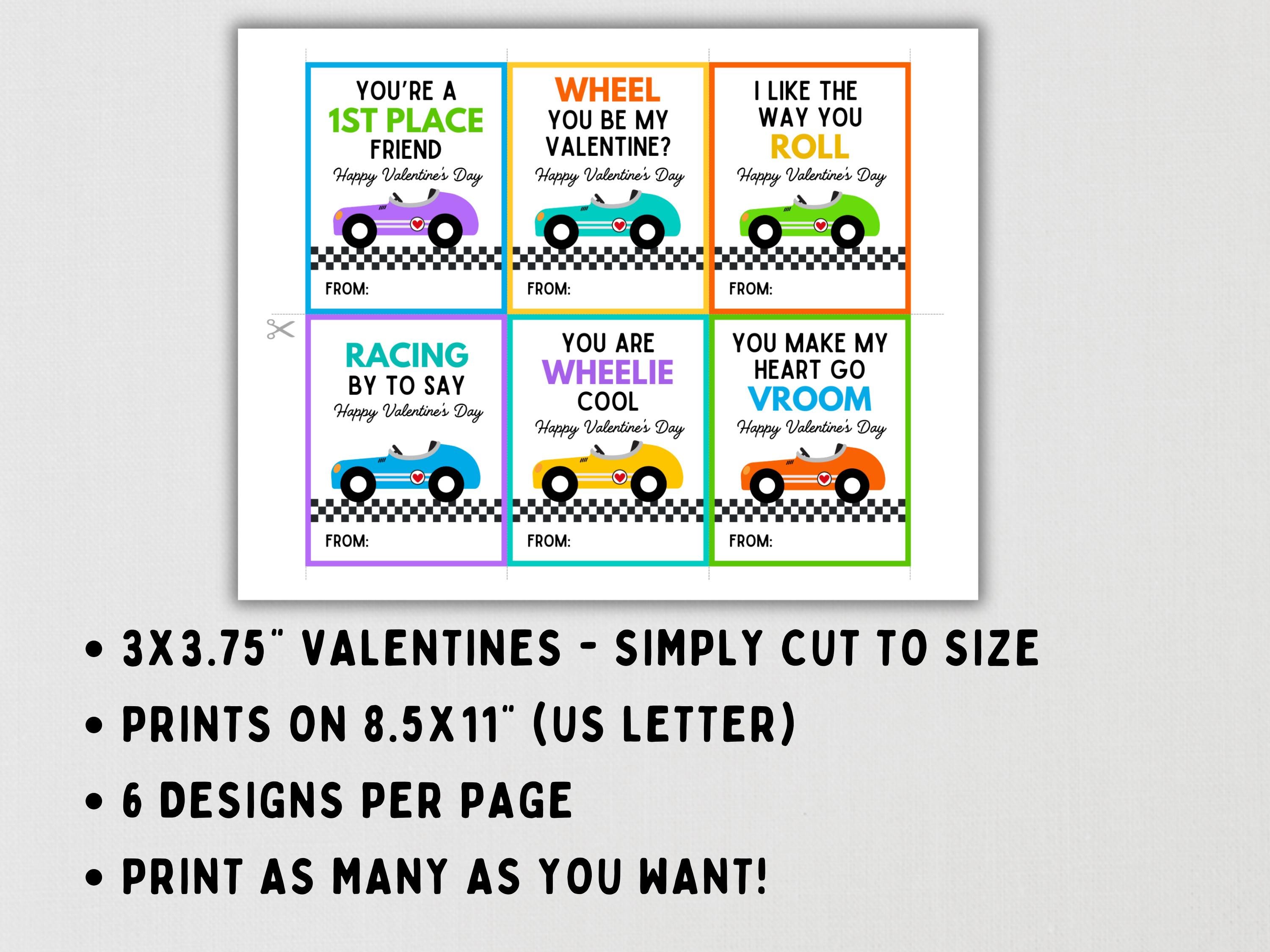 Race Car Valentine Cards -- Printable Racing Valentines for Classroom ...