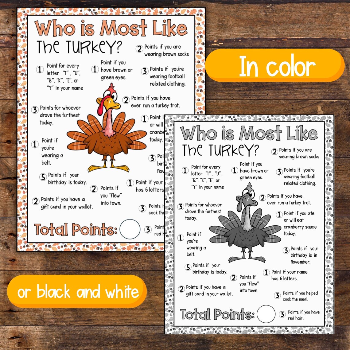 Thanksgiving Game: Who is Most Like the Turkey? (printable) - Etsy