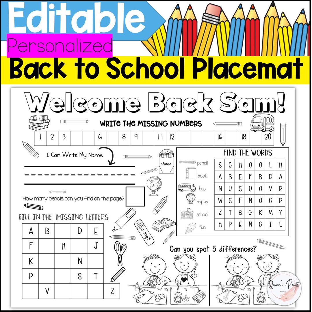 Editable Back to School Placemat: Coloring Page Activity (digital ...
