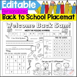 Editable Back to School Placemat: Coloring Page Activity (digital ...