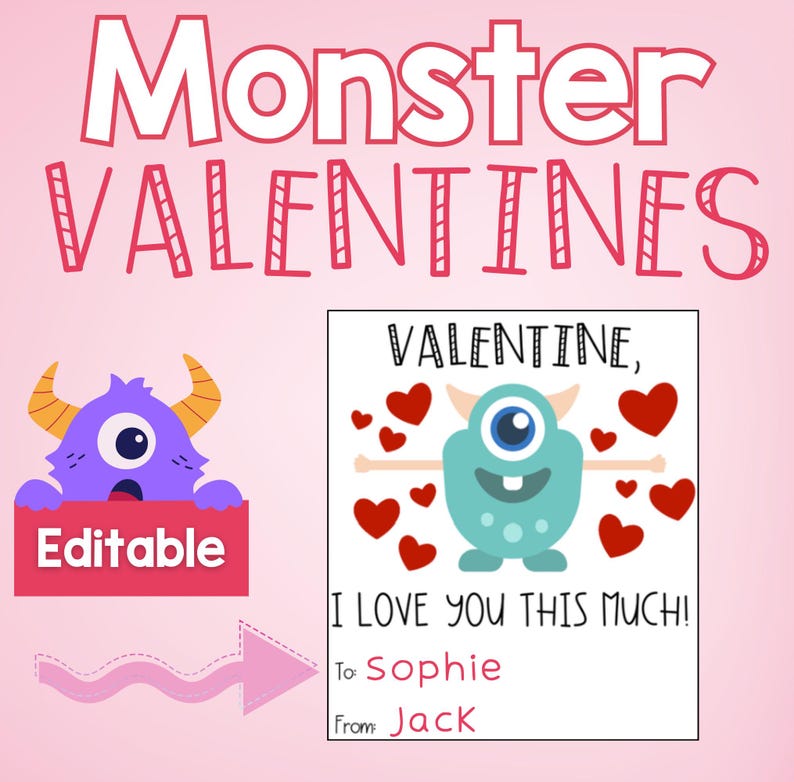 Editable Valentine's Day Monster Cards for Kids | Instant Download ...