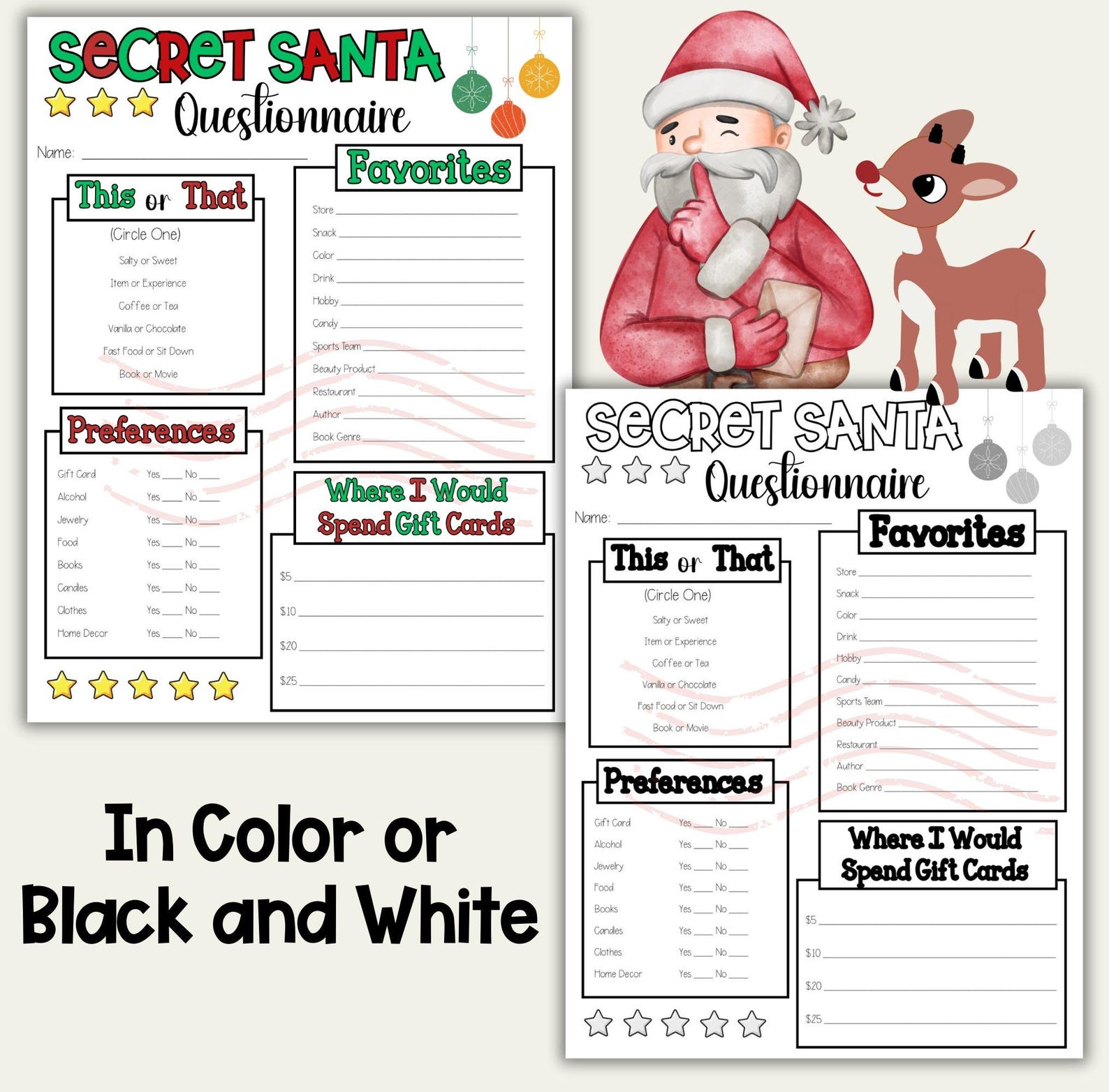 Secret Santa Questionnaire Printable | Fun Christmas Gift Exchange Game ...
