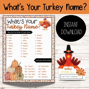 What's Your Turkey Name With Nametags | Turkey Name Game | Thanksgiving ...
