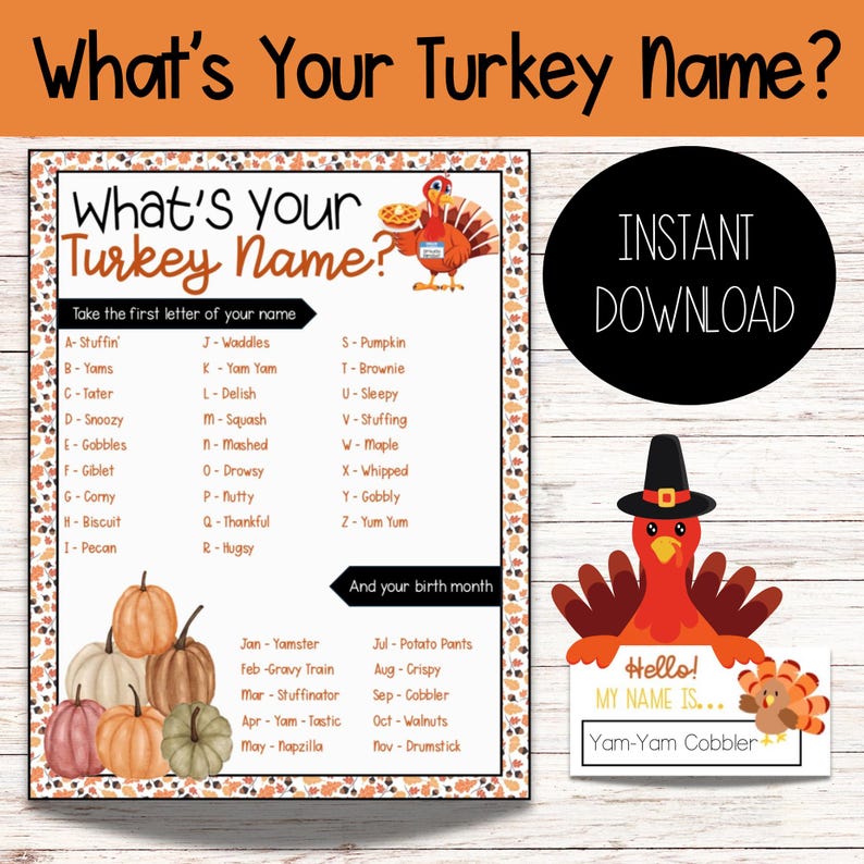 Turkey Name Game: Thanksgiving Name Tags, Holiday Party (digital ...