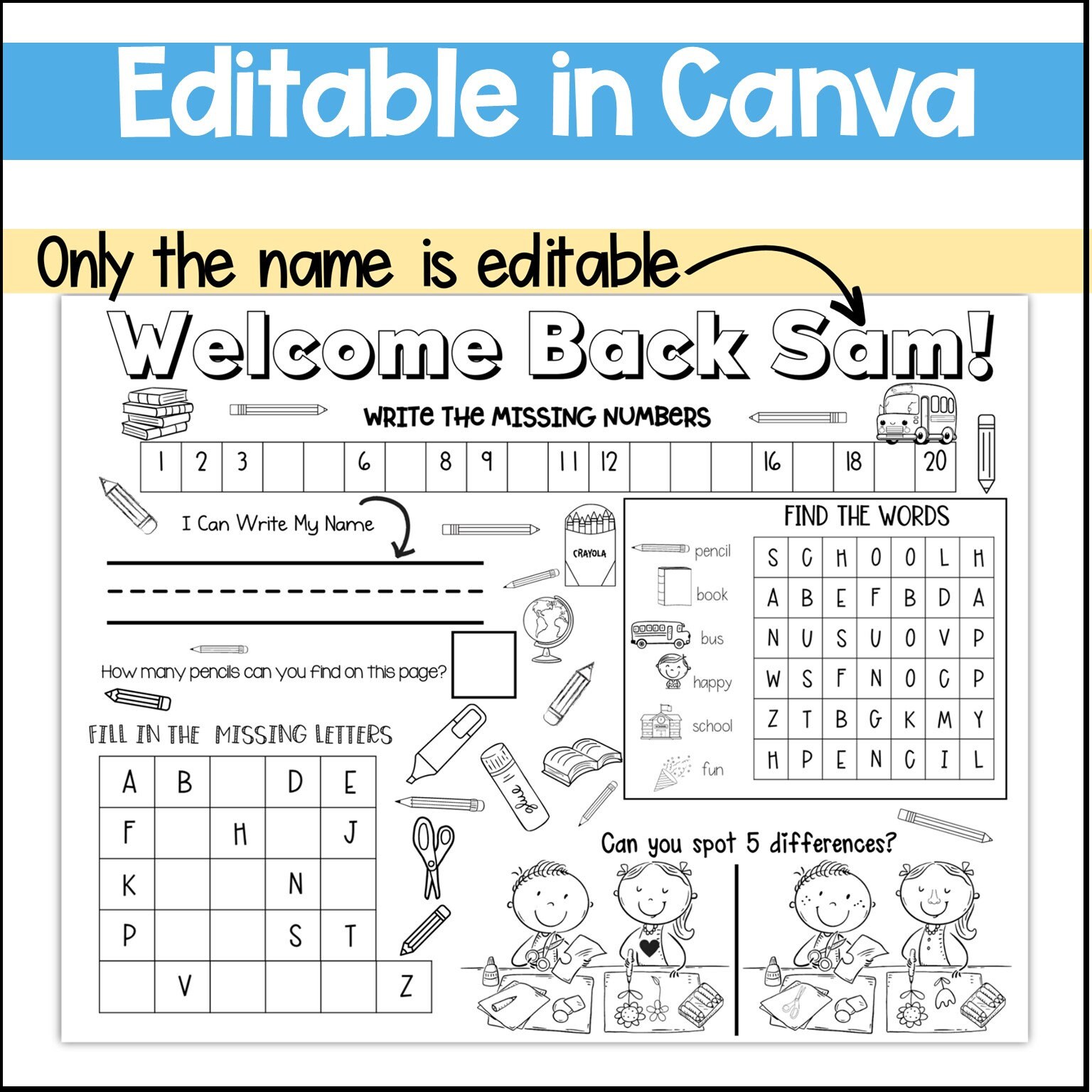 Editable Back to School Placemat: Coloring Page Activity (digital ...