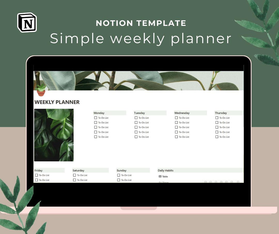 Notion Template Weekly Planner | Green Plants Aesthetic | Nature Weekly ...