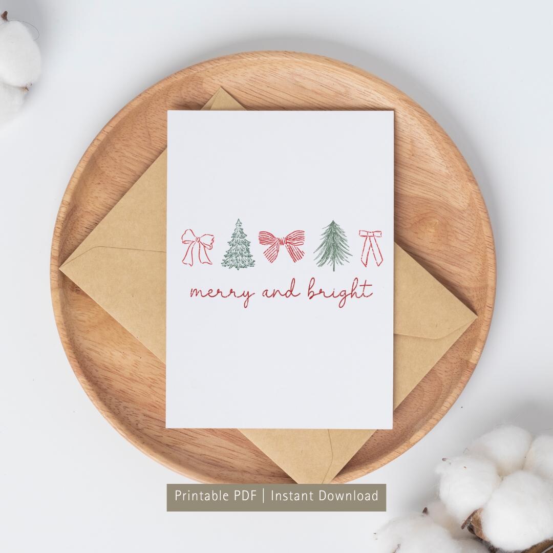 Merry and Bright Printable Card, Tree and Bow, Coquette Christmas ...