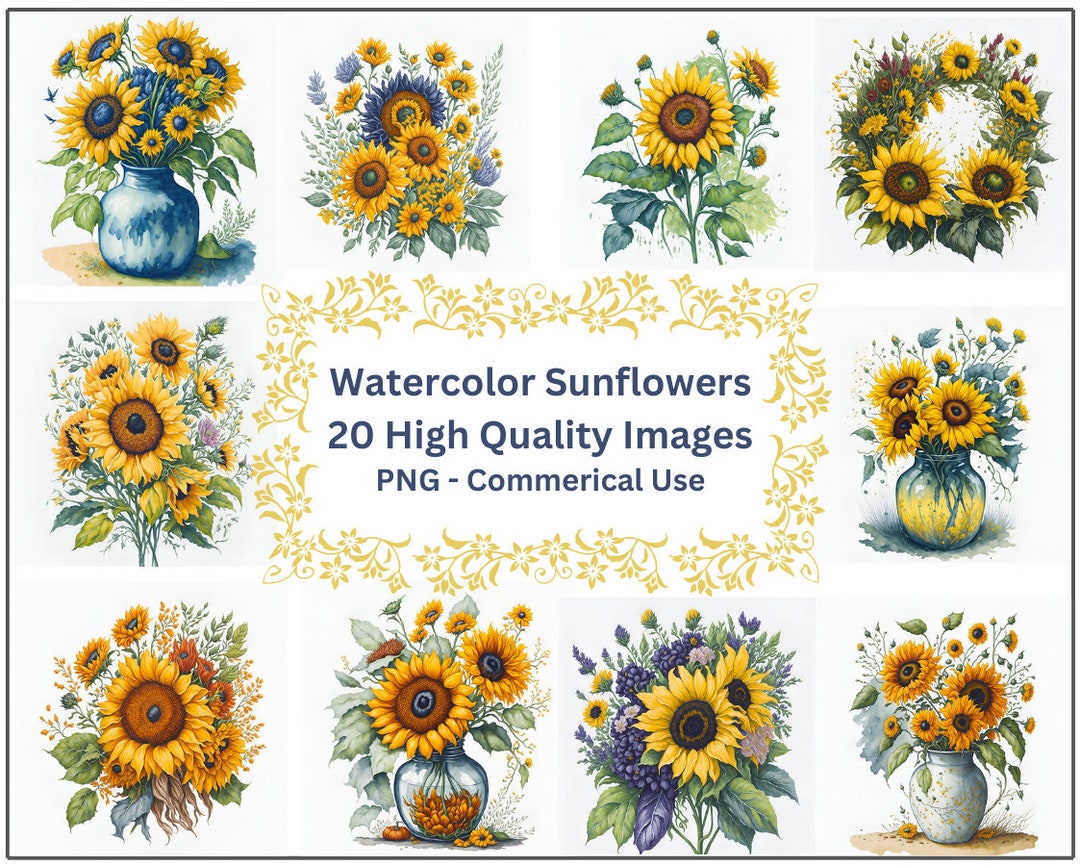 Watercolor Sunflowers Clipart, 20 High Quality Images, PNG - Instant ...