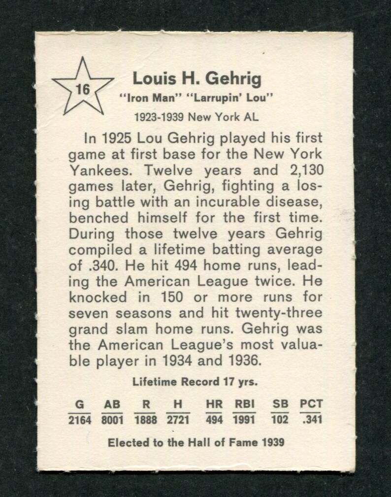 Lou Gehrig #16 First Base 1961 Golden Press Original Vintage Baseball ...