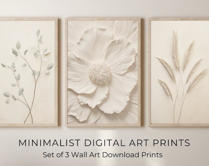 Neutral Wall Art Prints, Botanical Art, Set of 3 Beige Plant Prints ...