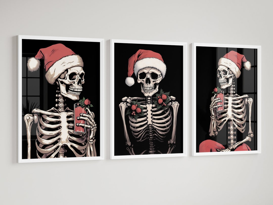 Set of 3 Christmas PRINTABLES, Skeleton Prints, Goth Christmas Decor ...