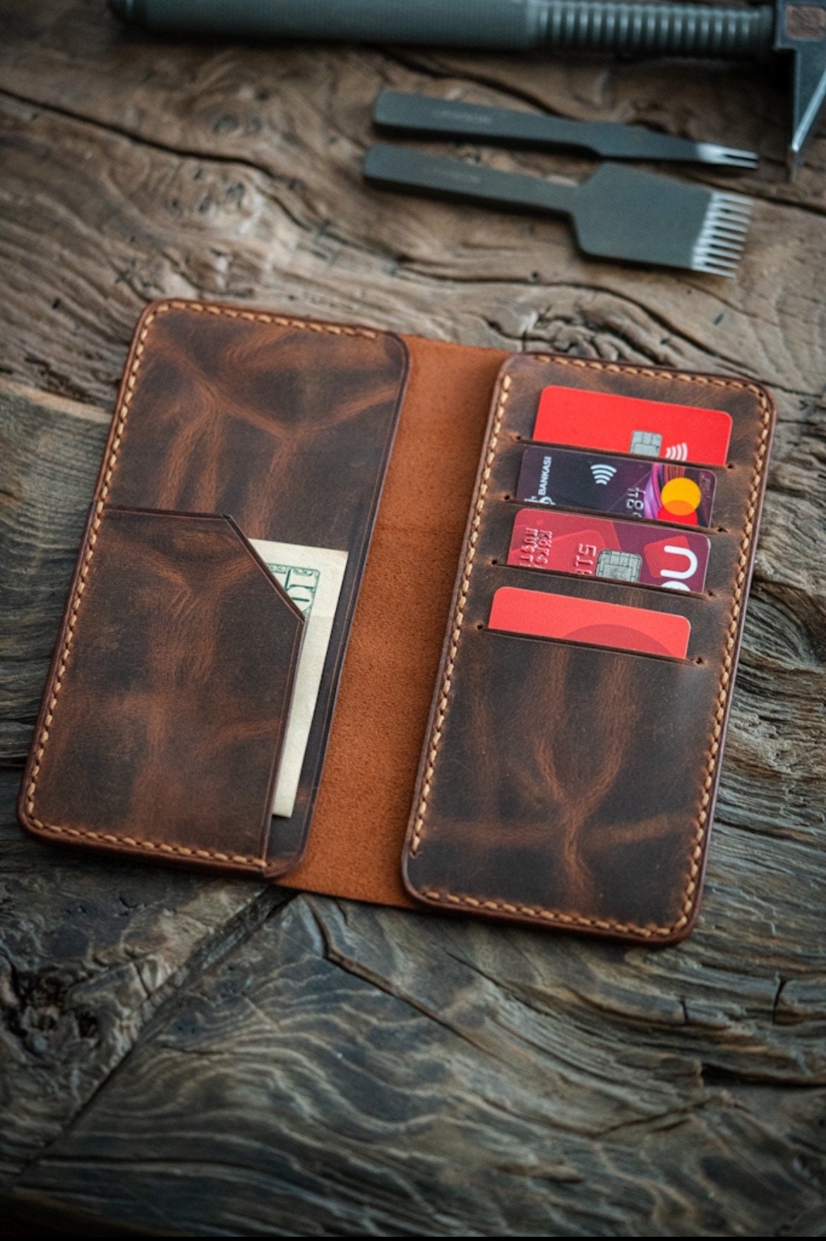 Personalized Leather Vertical Wallet Gift / Brown Leather Card Holder ...