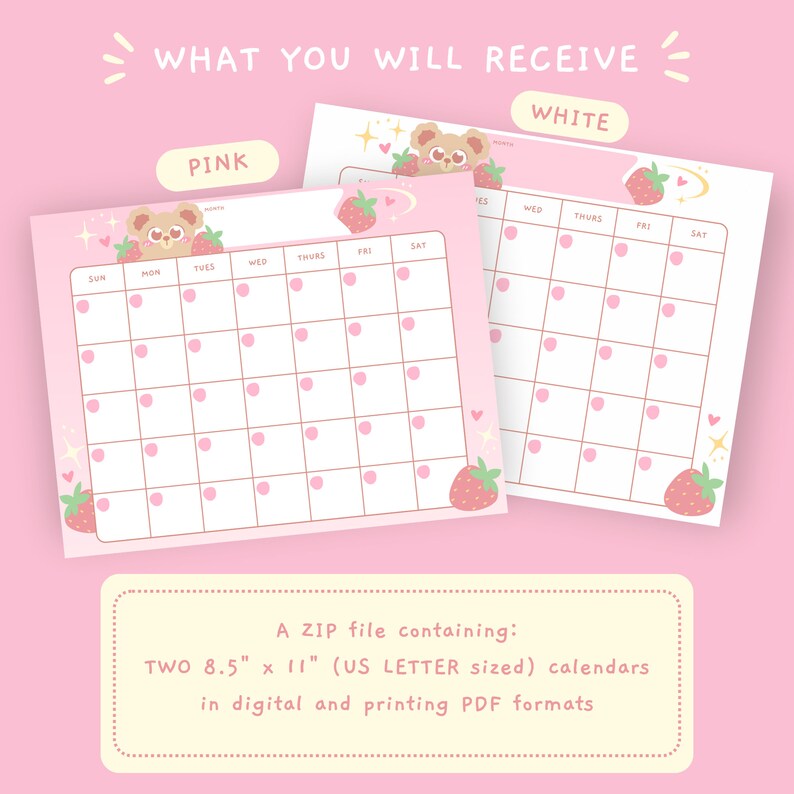 Strawberry Monthly Calendar, Kawaii Stationery (digital Download) - Etsy