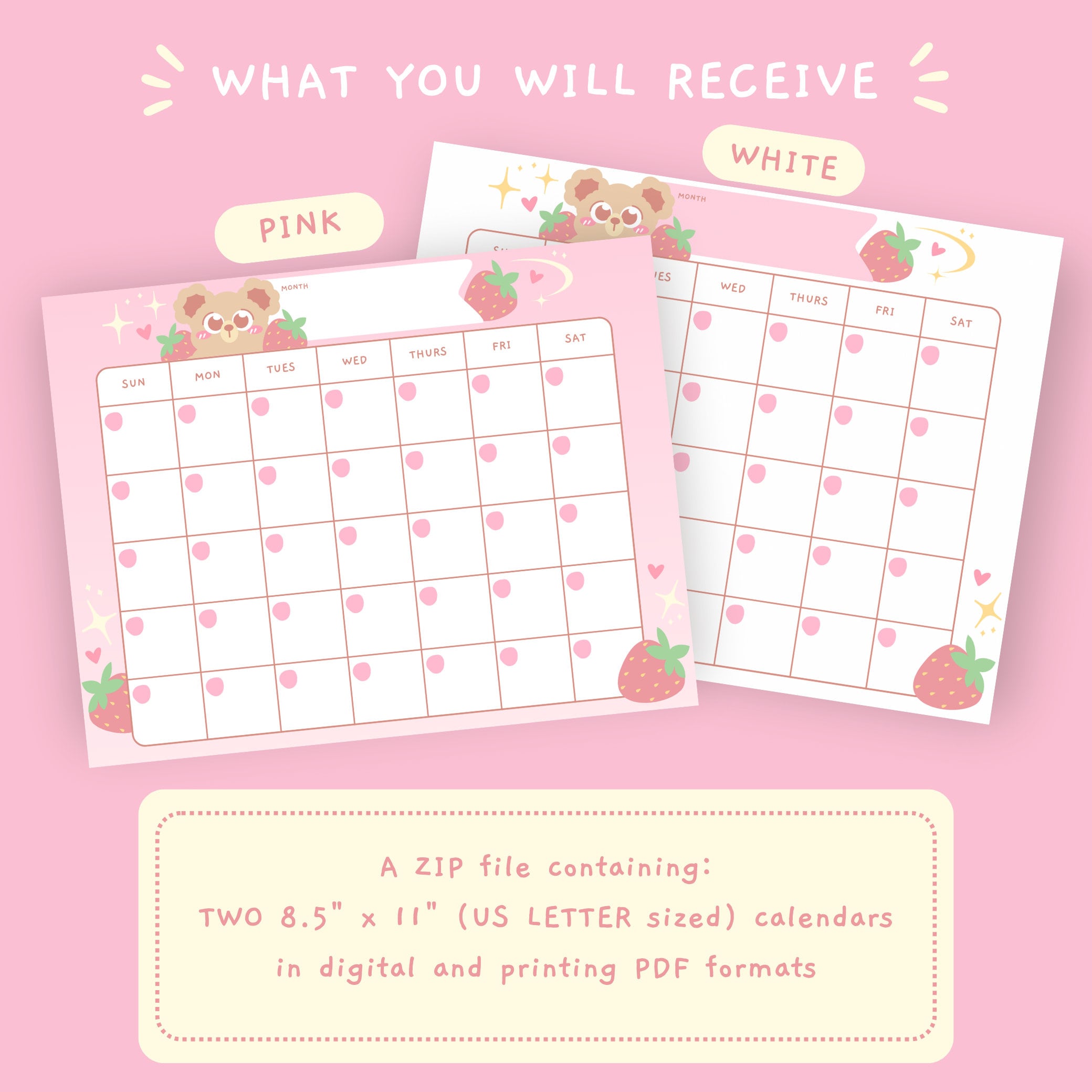 Monthly Planner Printable, Digital Kawaii Stationary, Cute Undated ...