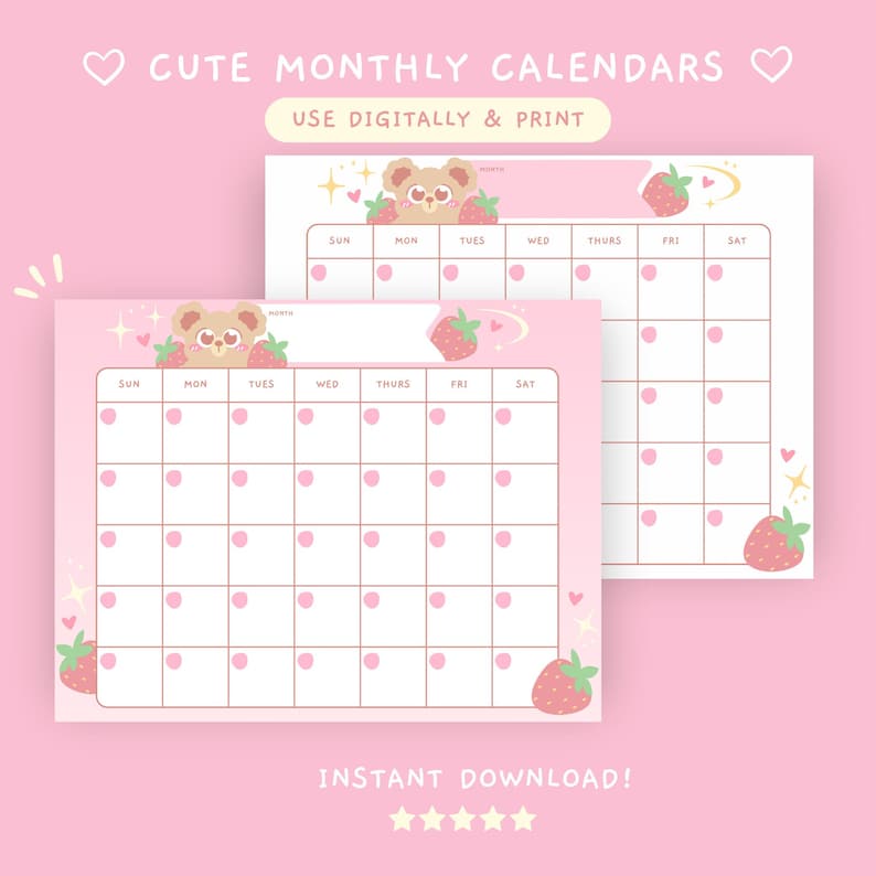 Strawberry Monthly Calendar, Kawaii Stationery (digital Download) - Etsy
