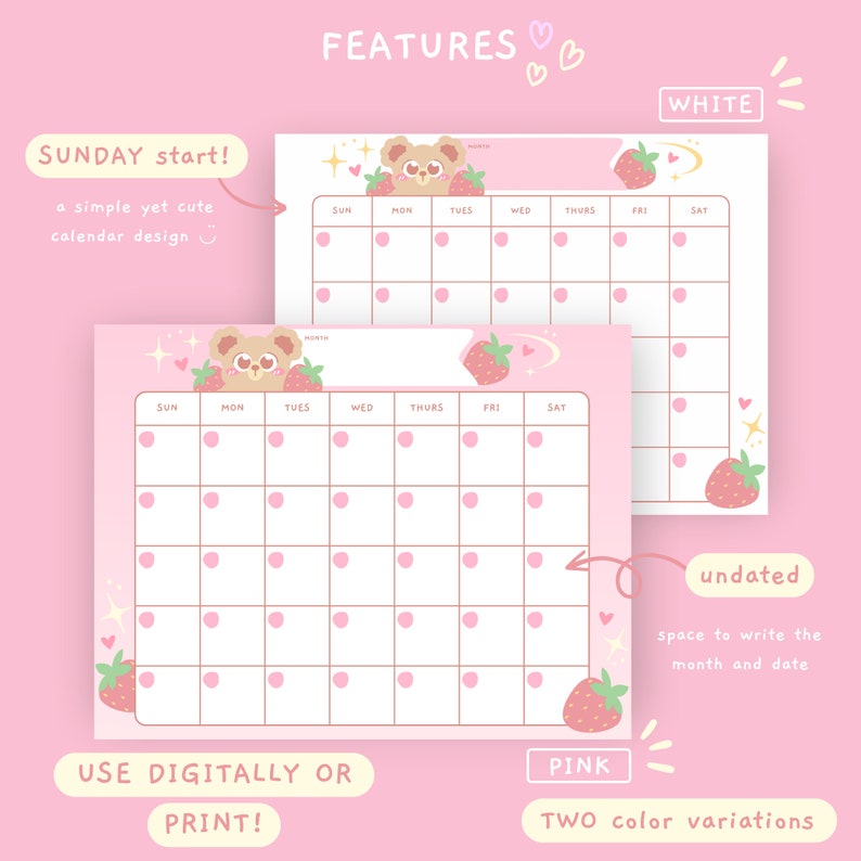 Monthly Planner Printable, Digital Kawaii Stationary, Cute Undated ...