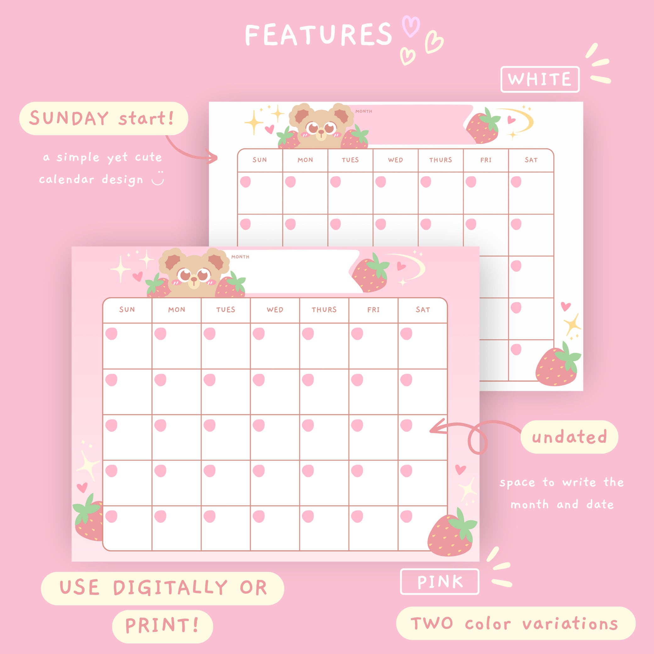 Monthly Planner Printable, Digital Kawaii Stationary, Cute Undated ...