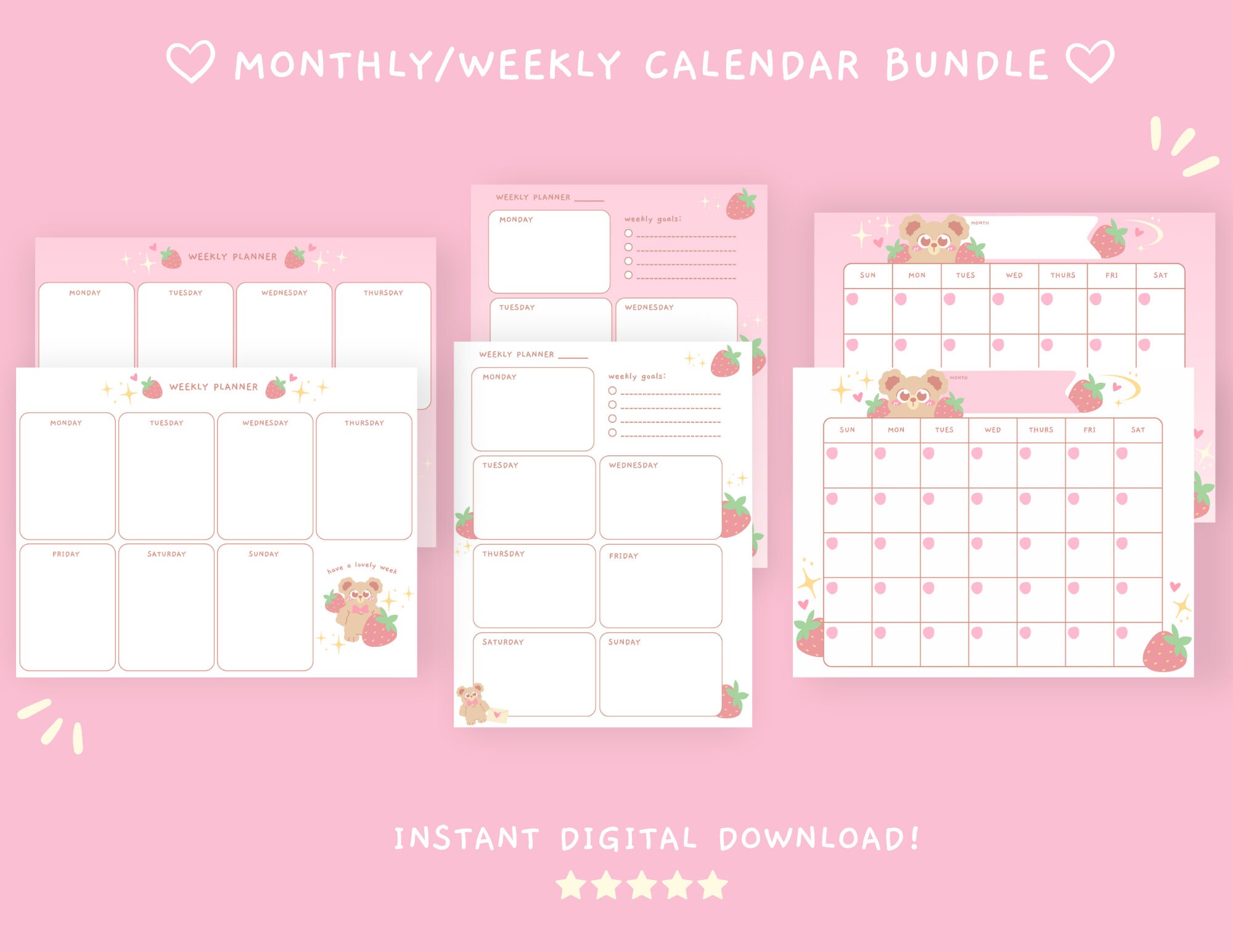 Planner Printable Bundle, Kawaii Weekly Template, Undated Monthly ...
