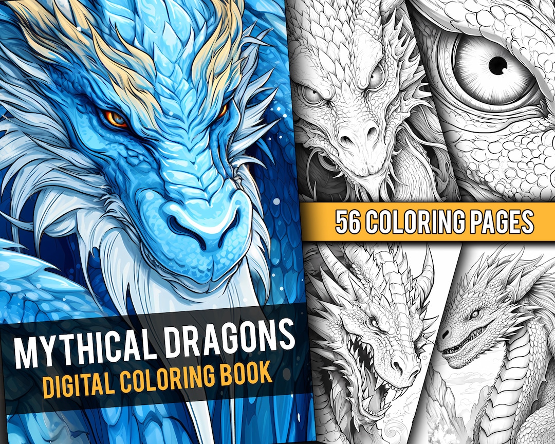 Mythical Dragons Fantasy Coloring Book 56 Page Greyscale Coloring Pages ...