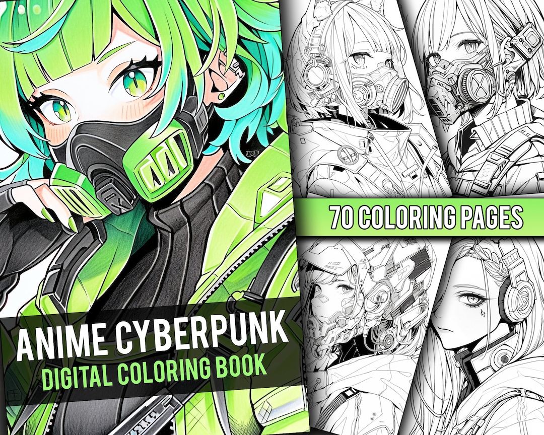 Anime Cyberpunk Coloring Book 70 Page Cute Manga Fantasy Greyscale ...