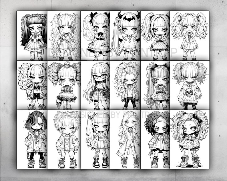 Gothic Chibi Girls Coloring Book 130 Page Cute Manga Anime Etsy