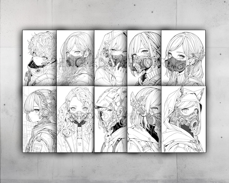 Anime Cyberpunk Coloring Book 70 Page Cute Manga Fantasy Greyscale ...
